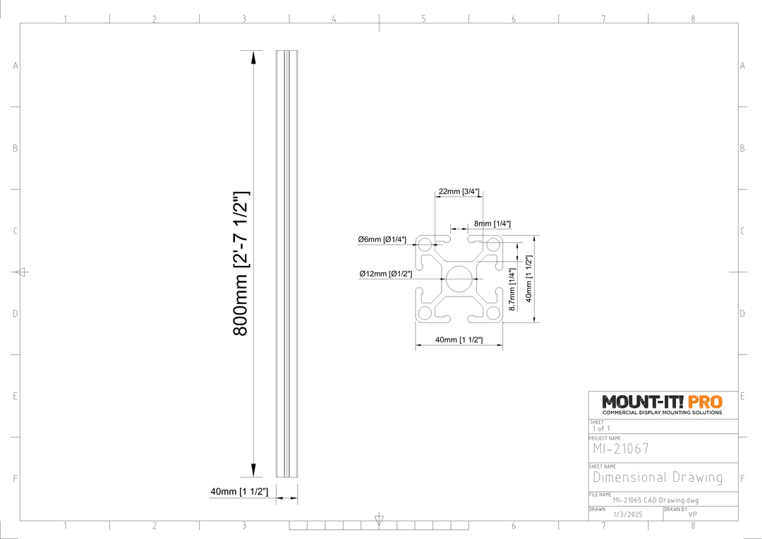 40mm x 40mm Vertical Mounting Rail - 800mm – Mount-It! PRO